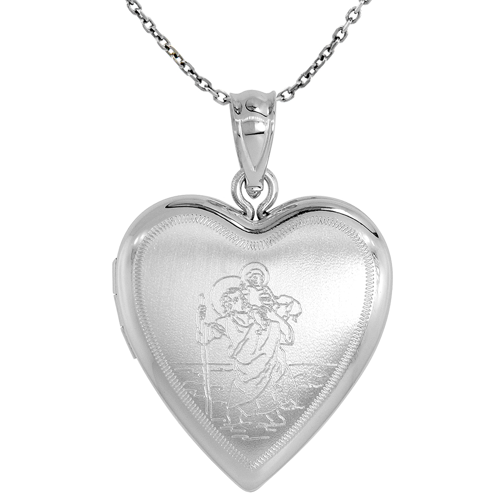 3/4 inch Sterling Silver St Christopher Locket Necklace for Women Heart ...