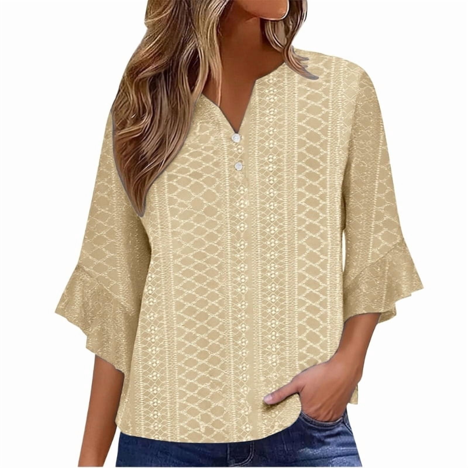 3/4 long-sleeved women's top, color, buttons, V-shaped notch. - Walmart.com