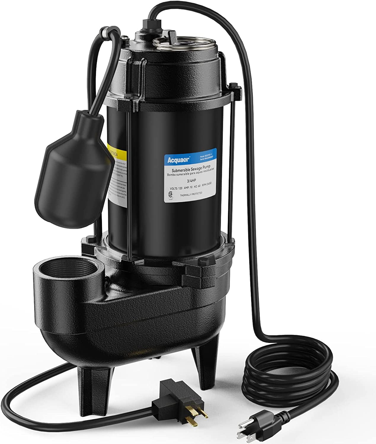 3/4HP Submersible Sewage/Effluent Pump, Cast Iron, 115V 6400 GPH Automatic Tethered Float Switch ...