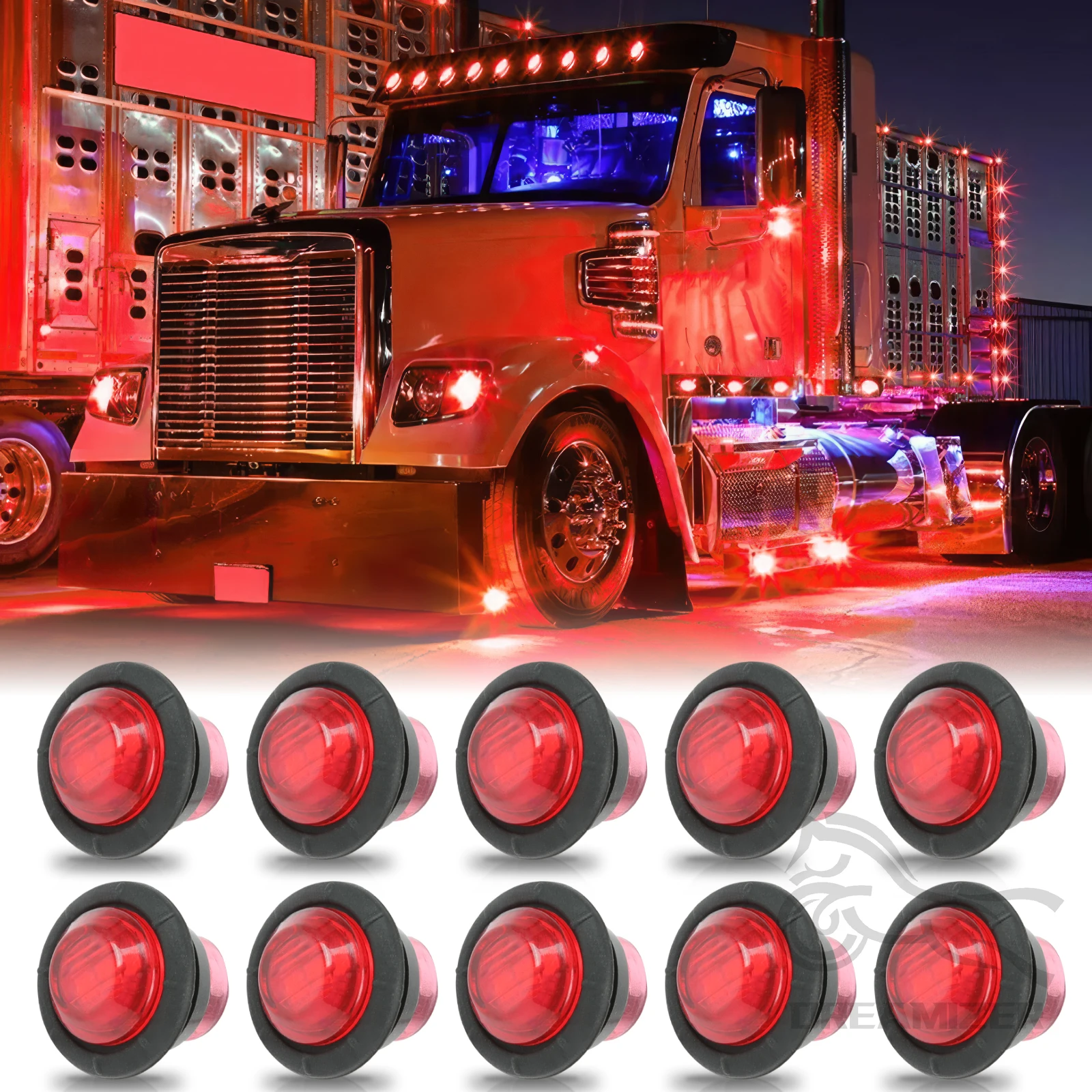 3/4Inch Round Marker Light 10PCS Red LED Clearance Light 2 Connectors ...