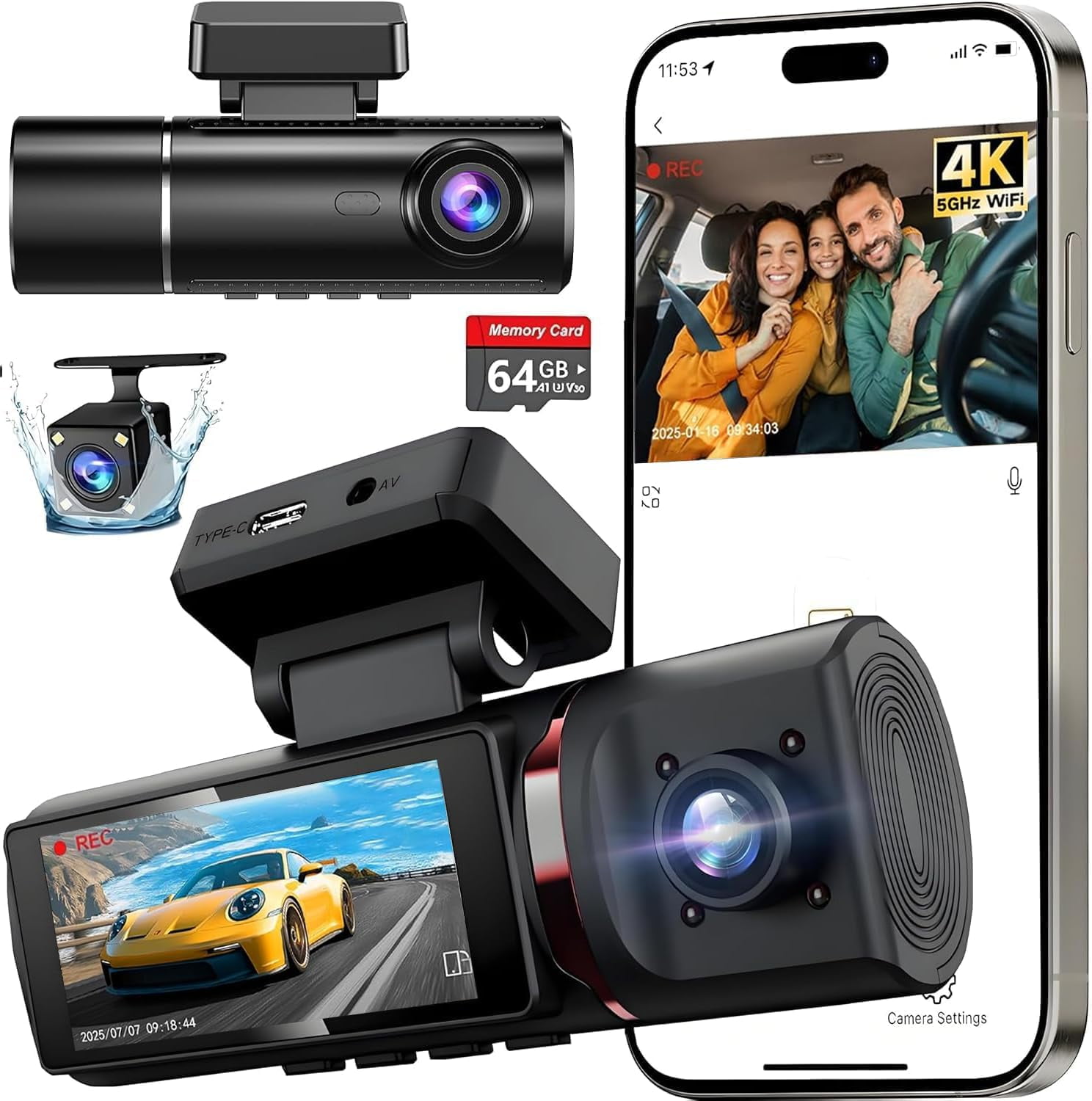 3 4K Dash Cam Front, 1080P Dash Camera Rear and Inside for with 3.16 ...