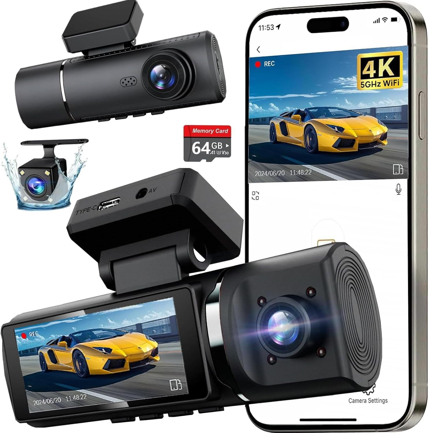 3 4K Dash Cam Front and Rear Inside, Built-in 5G WiFi, 4K+1080P+1080P ...