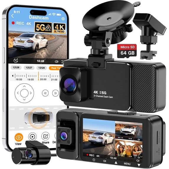 3 4K Dash Cam Front and Rear Inside, Wide-Angle 360 Camera for with ...