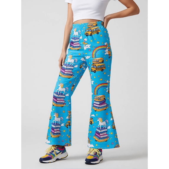 3-4Y Girls Colored Flared Pants Digital Print Trousers Slim-Fit Wide ...