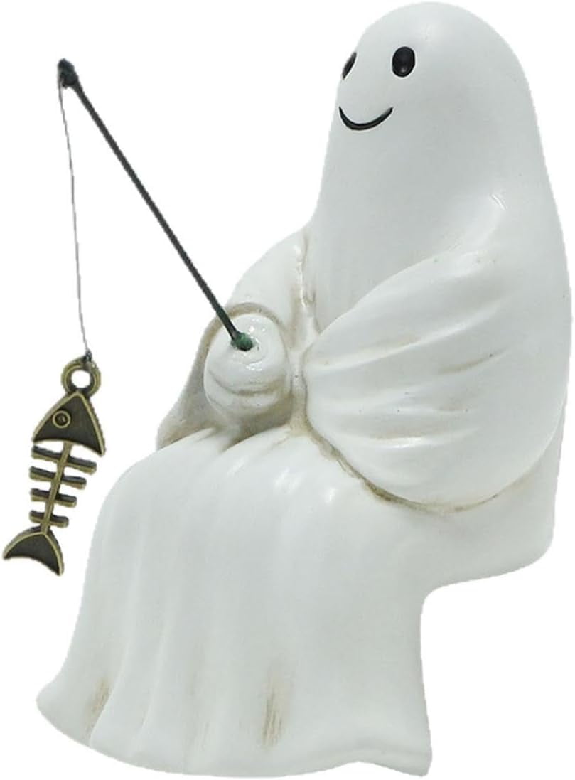 3.4in Mini Resin Fishing Ghost Figurine Halloween Garden Statue Decor ...