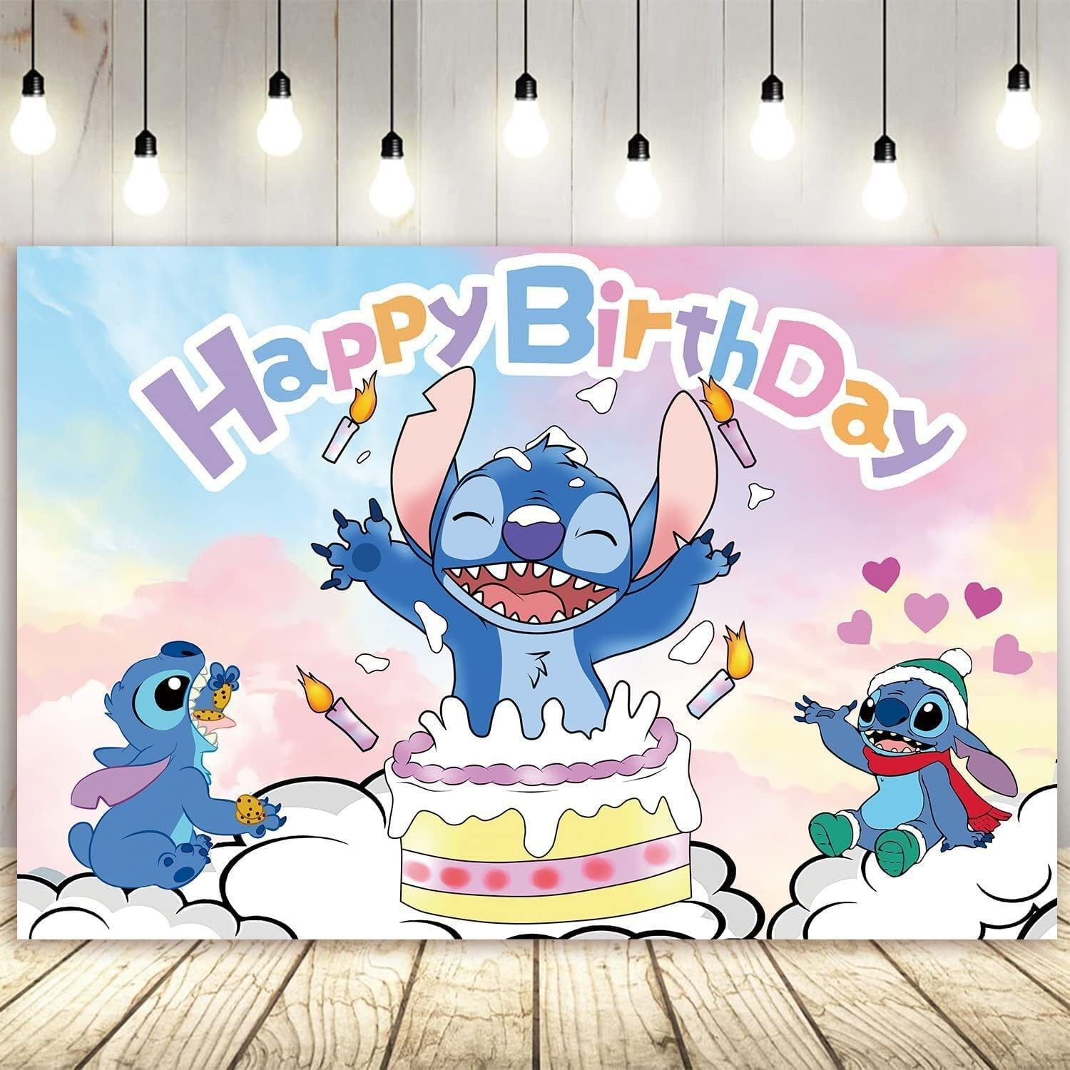 3*5 Ft Happy Birthday Stitch Backdrop Background Cartoon Monster Stitch ...