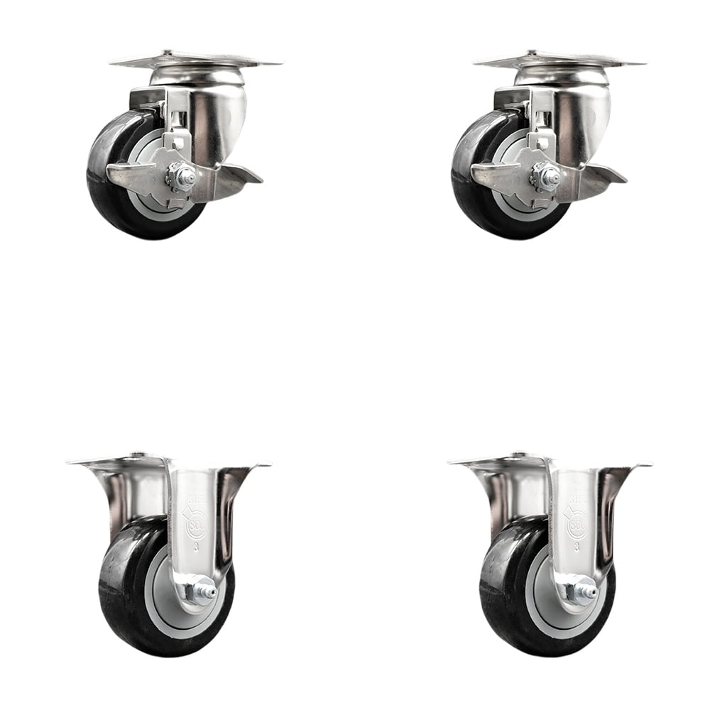 3.5 Inch 316SS Black Polyurethane Swivel Top Plate Caster Set 2 Brake 2 ...