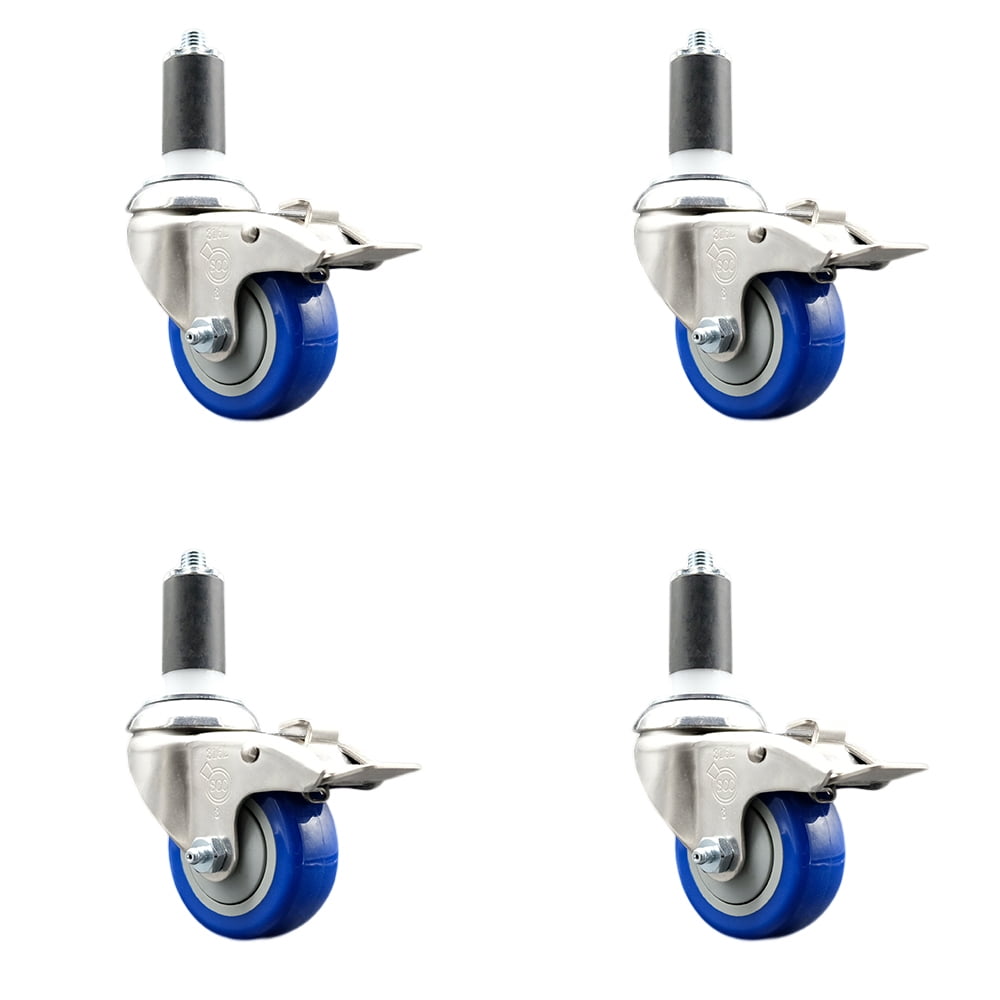 3.5 Inch 316SS Blue Poly Swivel 1-3/8 Inch Expanding Stem Caster Set ...