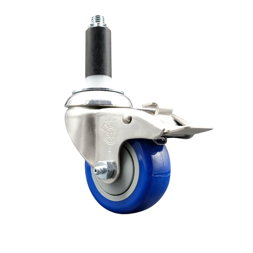 3.5 Inch 316SS Blue Poly Swivel 1 Inch Expanding Stem Caster Lock Brake ...