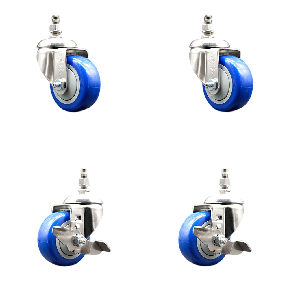 3.5 Inch 316SS Blue Polyurethane Swivel 10mm Stem Caster Set 2 Brake ...