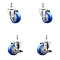 3.5 Inch 316SS Blue Polyurethane Swivel 10mm Stem Caster Set 2 Brake ...