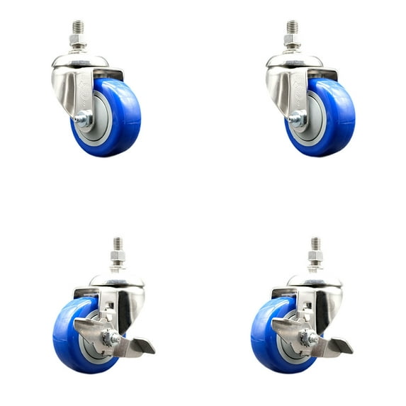 3.5 Inch 316SS Blue Polyurethane Swivel 10mm Stem Caster Set 2 Brake ...