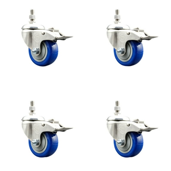 3.5 Inch 316SS Blue Polyurethane Swivel 3/8 Inch Stem Caster Set Lock ...