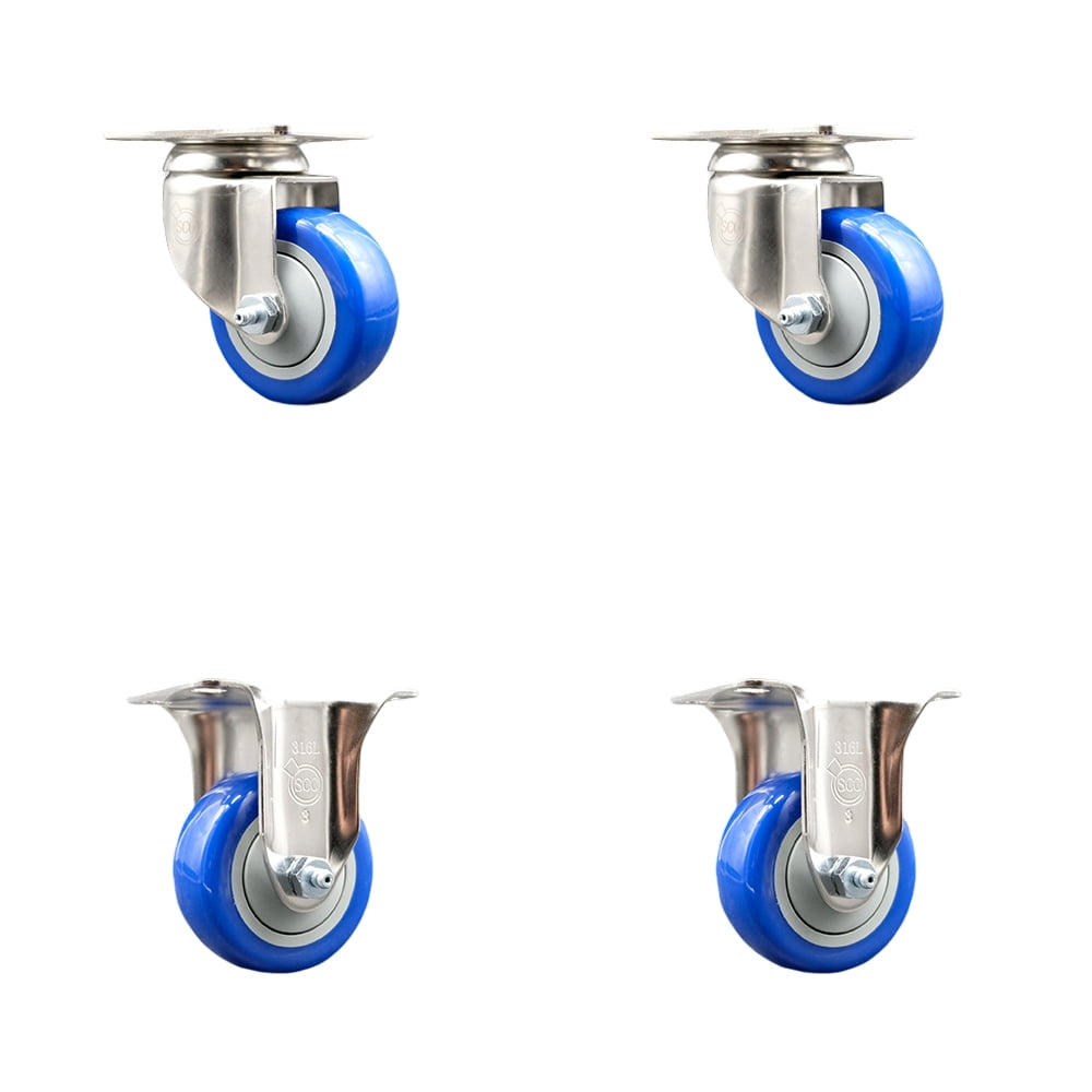 3.5 Inch 316SS Blue Polyurethane Wheel Swivel Top Plate Caster Set 2 ...