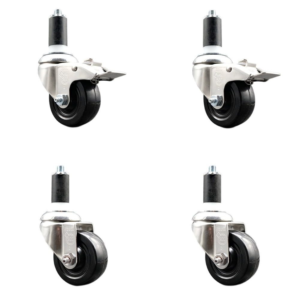 3.5 Inch 316SS Hard Rubber Swivel 1-3/8 Inch Stem Caster Set 2 Lock ...