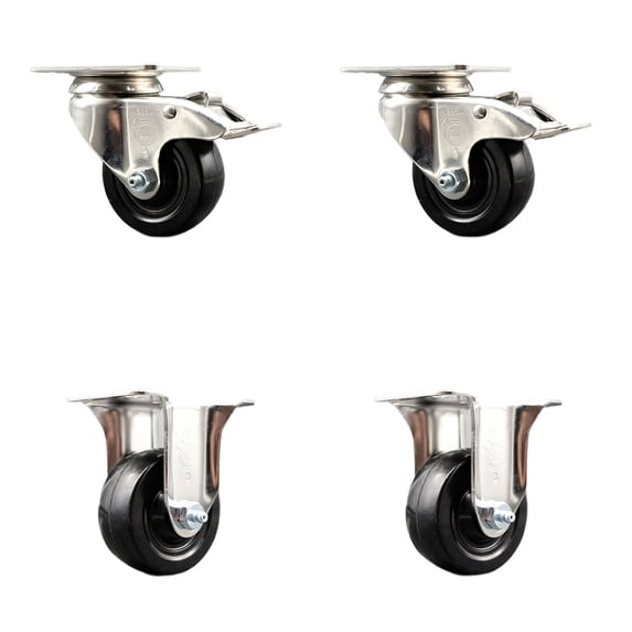 3.5 Inch 316SS Hard Rubber Swivel Top Plate Caster Set 2 Lock Brake 2 ...
