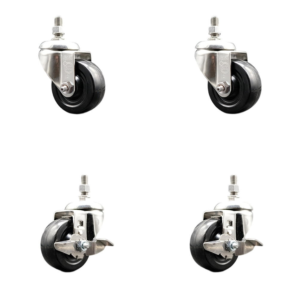 3.5 Inch 316SS Hard Rubber Wheel Swivel ½ Inch Threaded Stem Caster Set ...