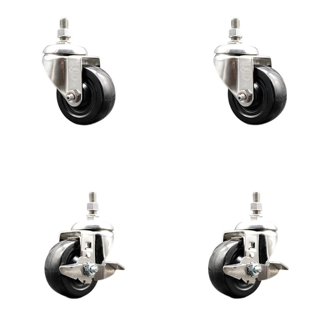 3.5 Inch 316SS Hard Rubber Wheel Swivel ½ Inch Threaded Stem Caster Set ...