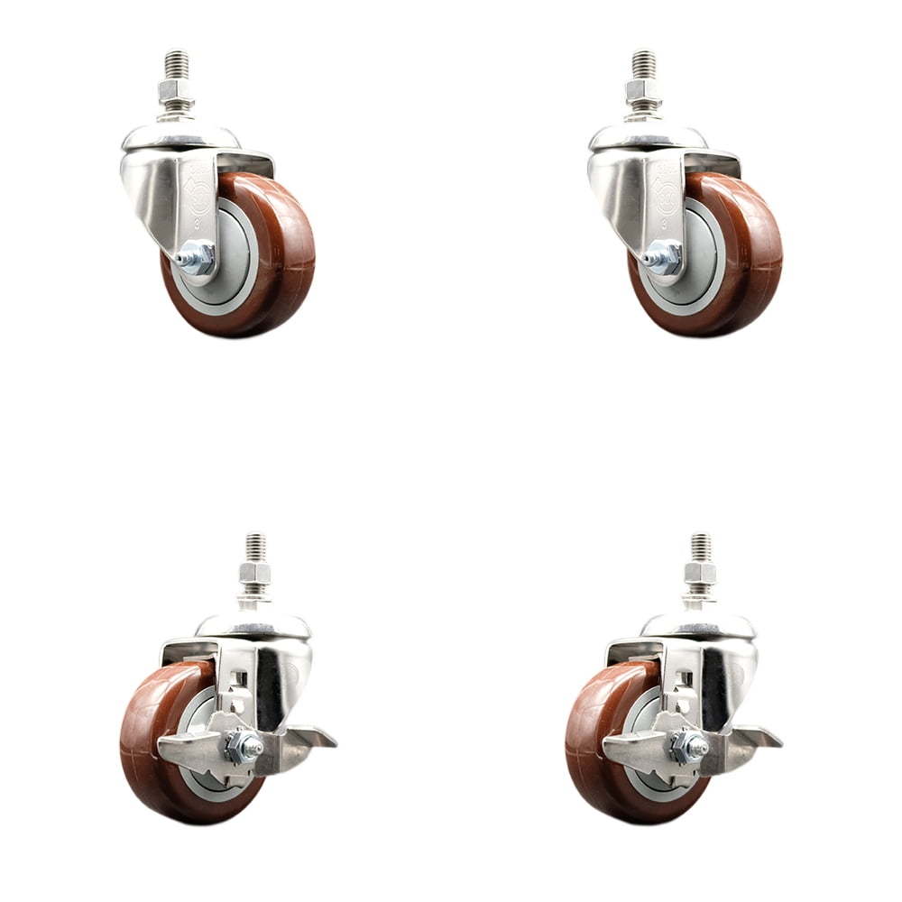 3.5 Inch 316SS Maroon Polyurethane 10mm Threaded Stem Caster Set 2 ...