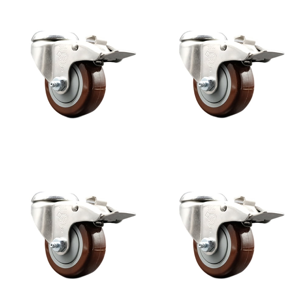 3.5 Inch 316SS Maroon Polyurethane Swivel Bolt Hole Caster Set with ...