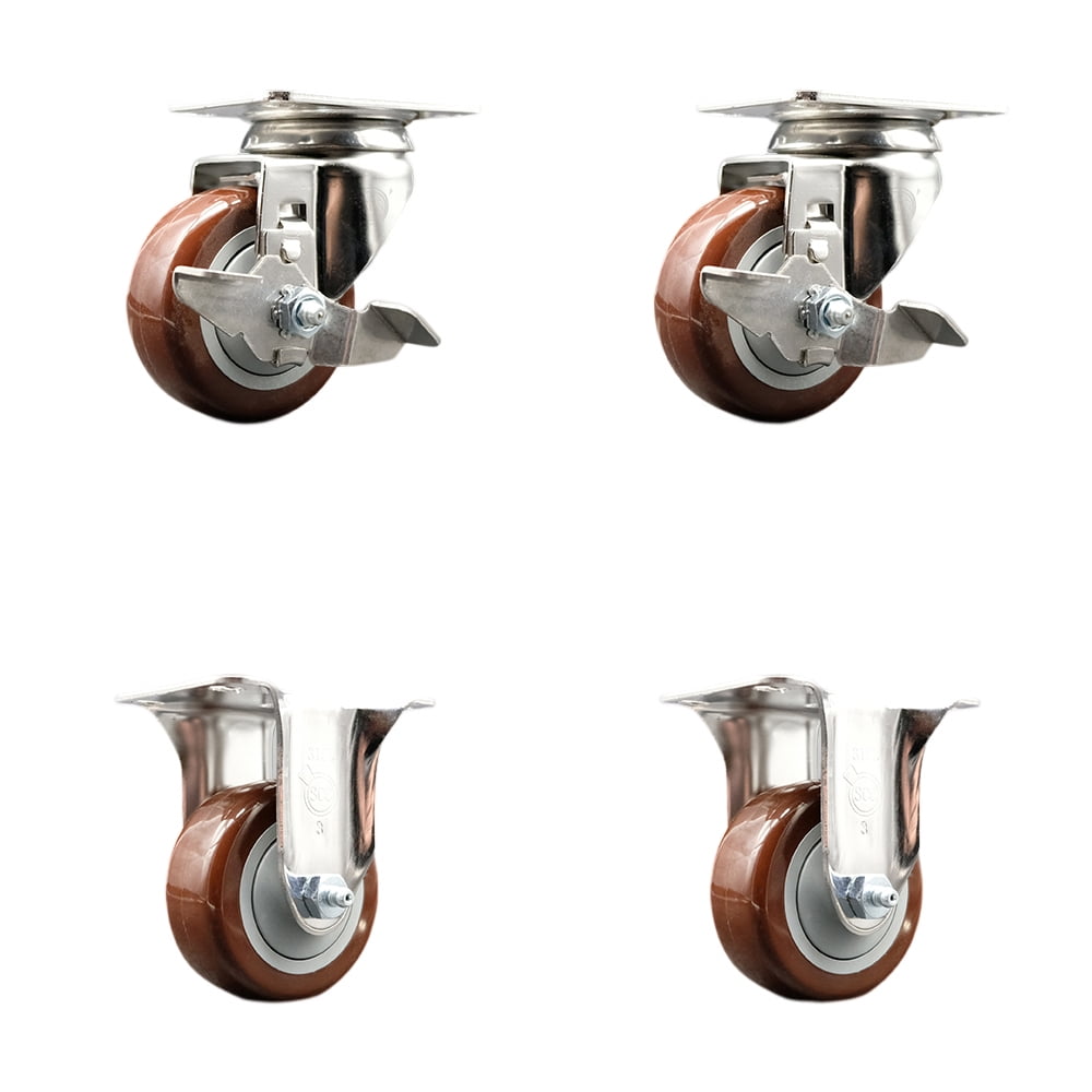 3.5 Inch 316SS Maroon Polyurethane Swivel Top Plate Caster Set 2 Brake ...