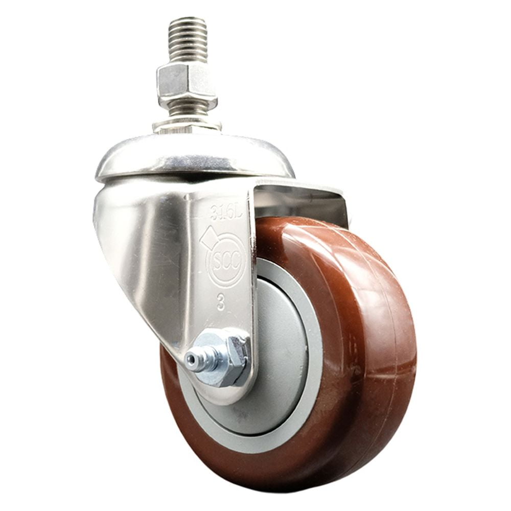 3.5 Inch 316SS Maroon Polyurethane Wheel Swivel 10mm Threaded Stem ...
