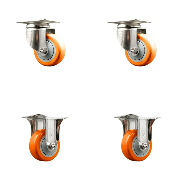 3.5 Inch 316SS Orange Polyurethane Wheel Swivel Top Plate Caster Set 2 ...