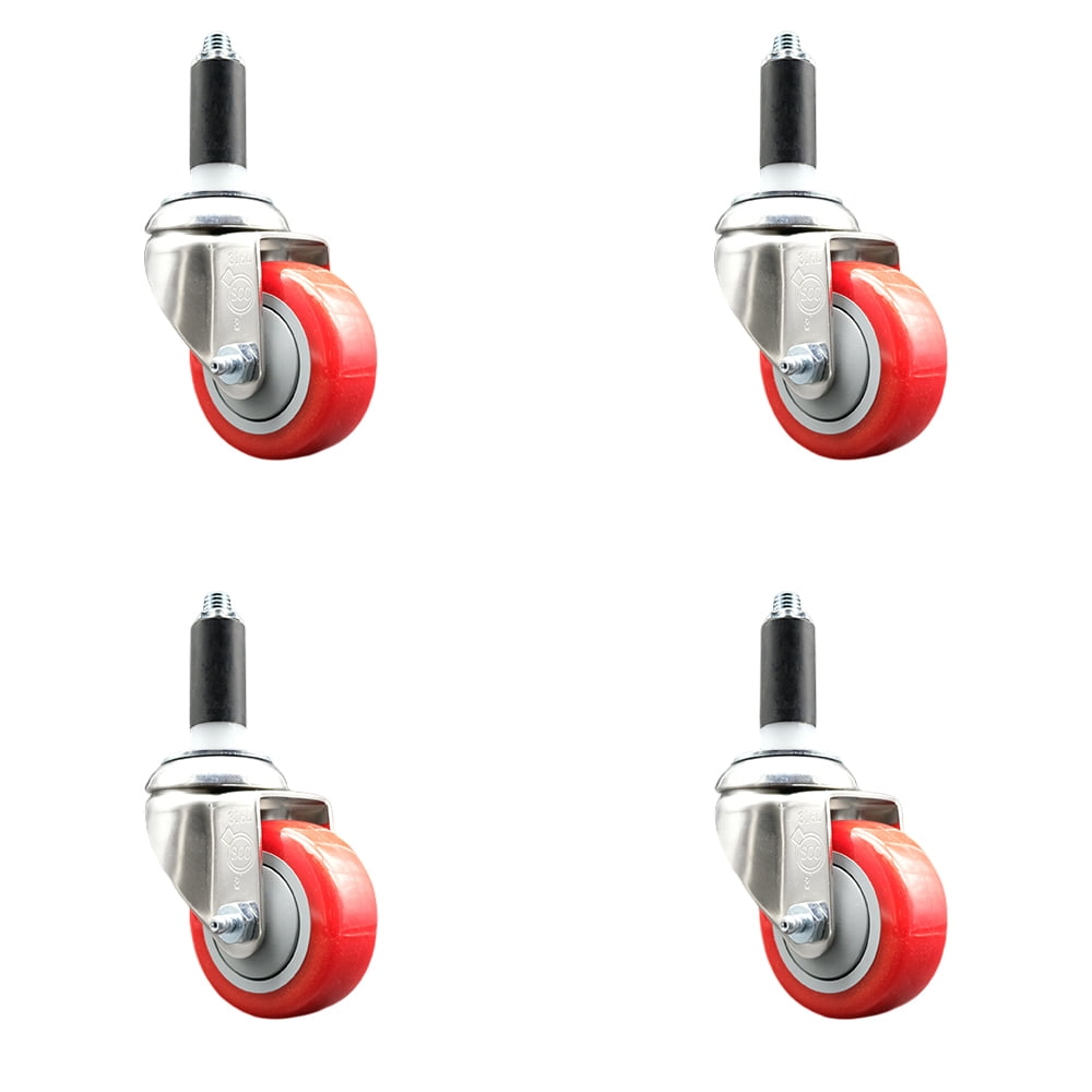 3.5 Inch 316SS Red Polyurethane Swivel 1 Inch Expanding Stem Caster Set ...