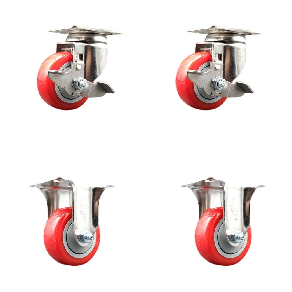 3.5 Inch 316SS Red Polyurethane Swivel Top Plate Caster Set 2 Brake 2 ...