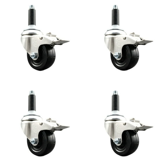 3.5 Inch 316SS Soft Rubber Swivel 7/8 Inch Stem Caster Set Lock Brake ...
