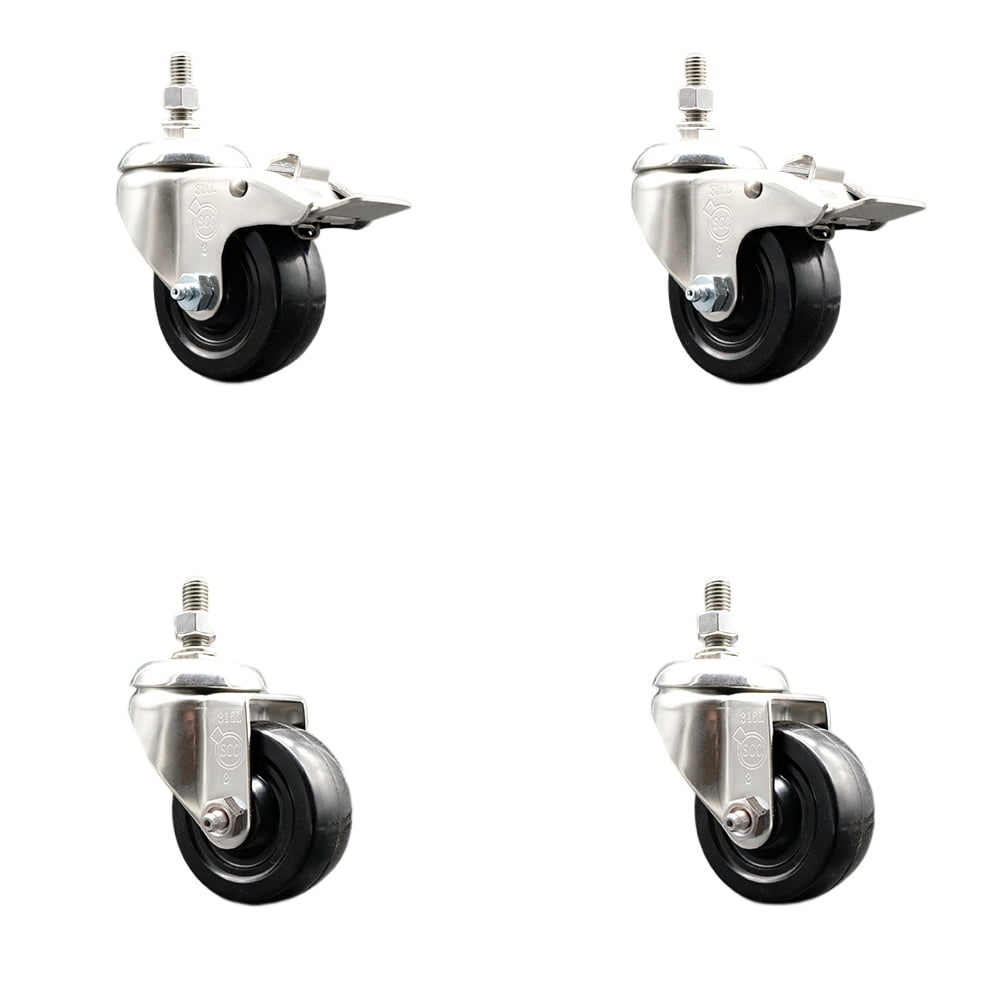 3.5 Inch 316SS Soft Rubber Swivel ½ Inch Threaded Stem Caster Set 2 Lock Brake - Walmart.com