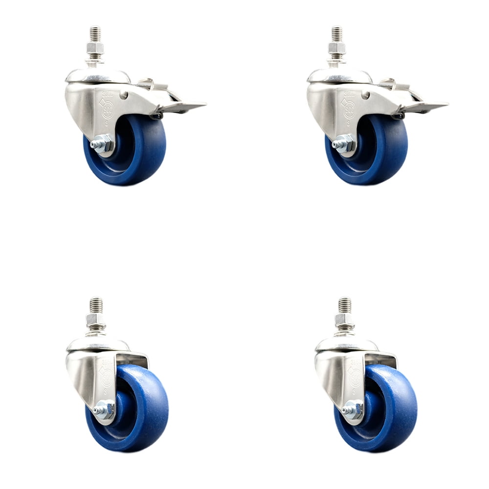 3.5 Inch 316SS Solid Polyurethane 10mm Threaded Stem Caster Set 2 Lock ...