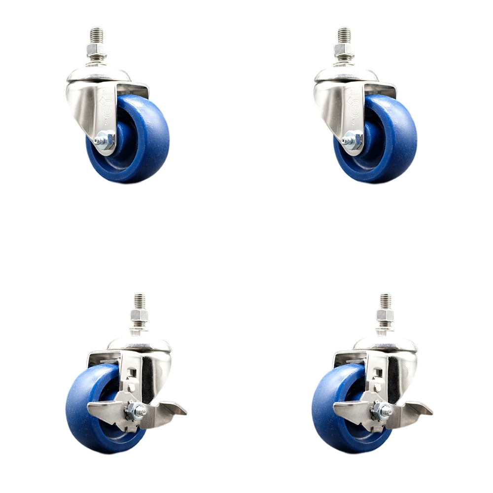 3.5 Inch 316SS Solid Polyurethane Swivel 12mm Stem Caster Set 2 Brake ...