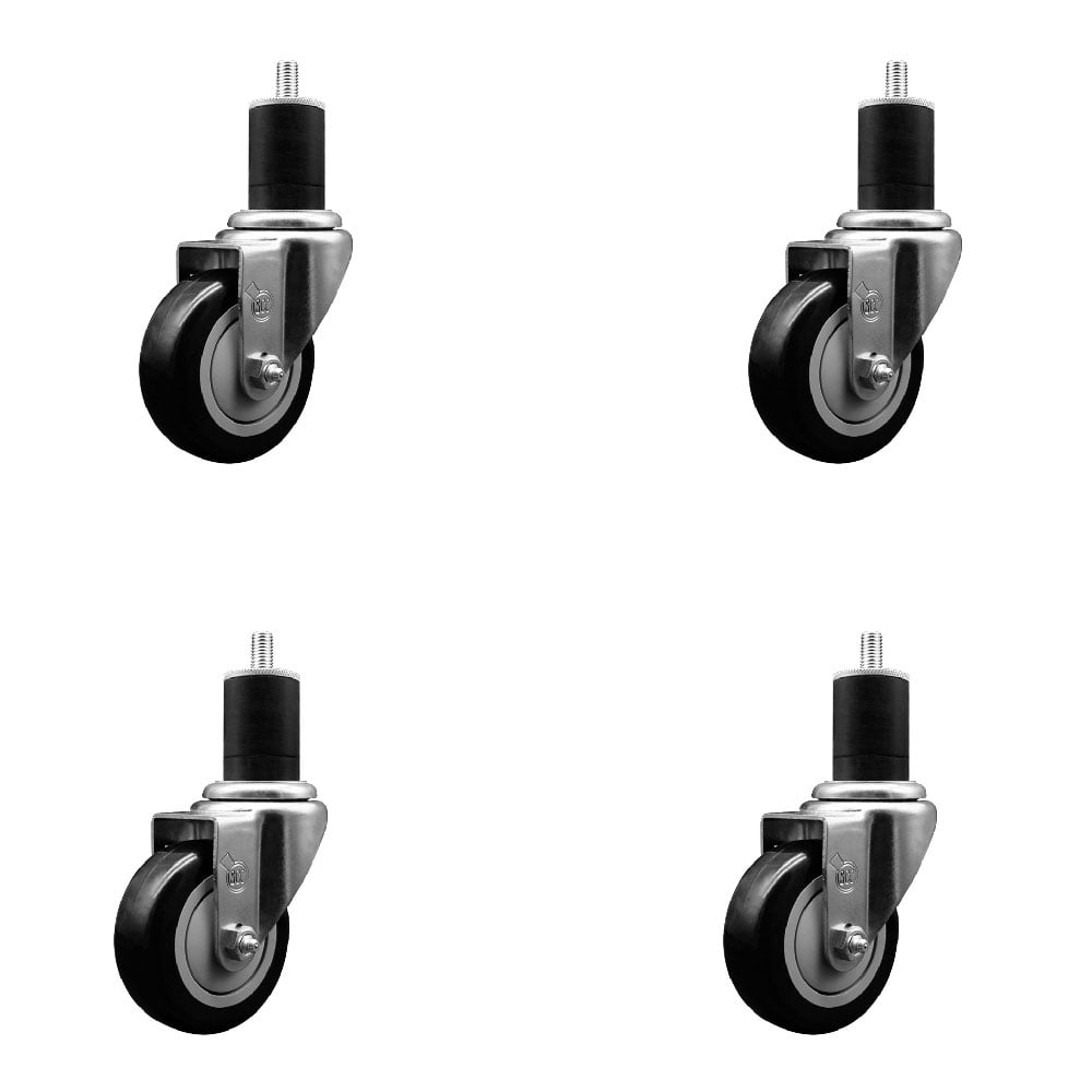 3.5 Inch Black Poly Wheel Swivel 1-3/4 Inch Expanding Stem Caster Set ...