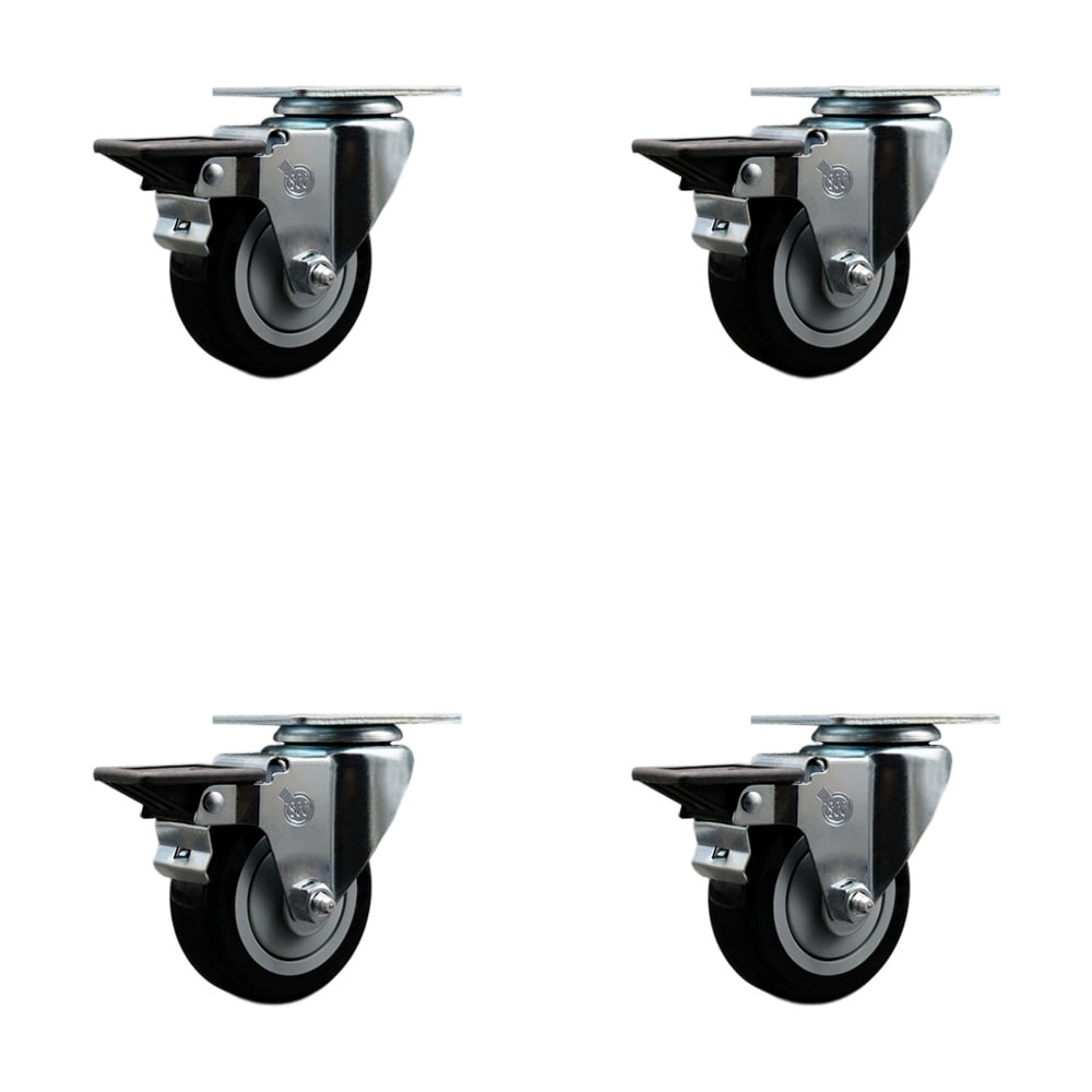 3.5 Inch Black Poly Wheel Swivel Top Plate Caster Set Posi Brake ...
