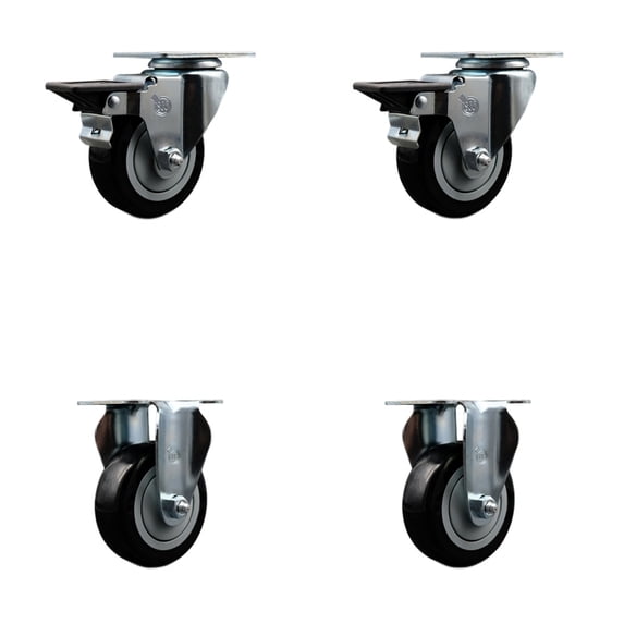 3.5 Inch Black Poly Wheel Swivel Top Plate Caster Set with 2 Posi ...