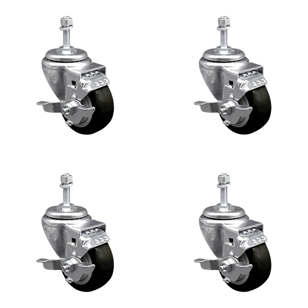 3.5 Inch Black Polyurethane Swivel 10mm Threaded Stem Caster Set with ...