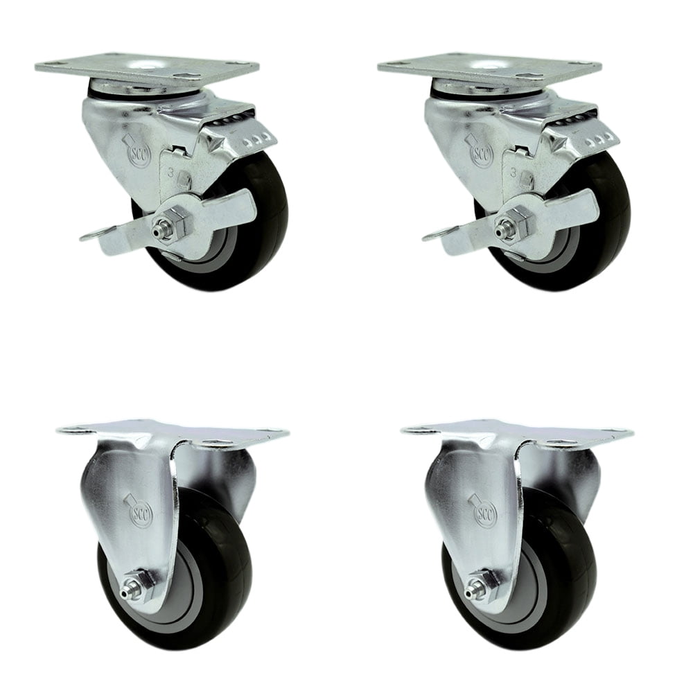 3.5 Inch Black Polyurethane Swivel Top Plate Caster Set with 2 Brake 2 ...