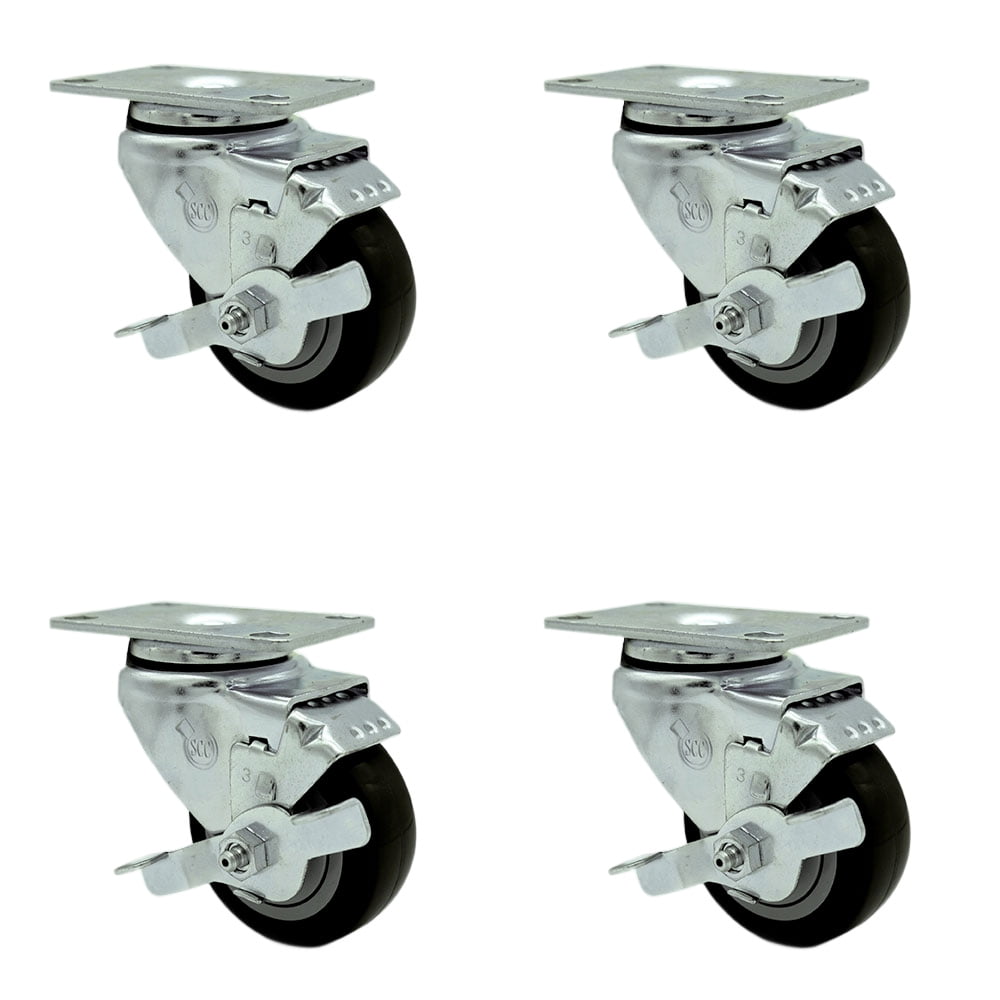 3.5 Inch Black Polyurethane Wheel Swivel Top Plate Caster Set with Brake SCC - Walmart.com