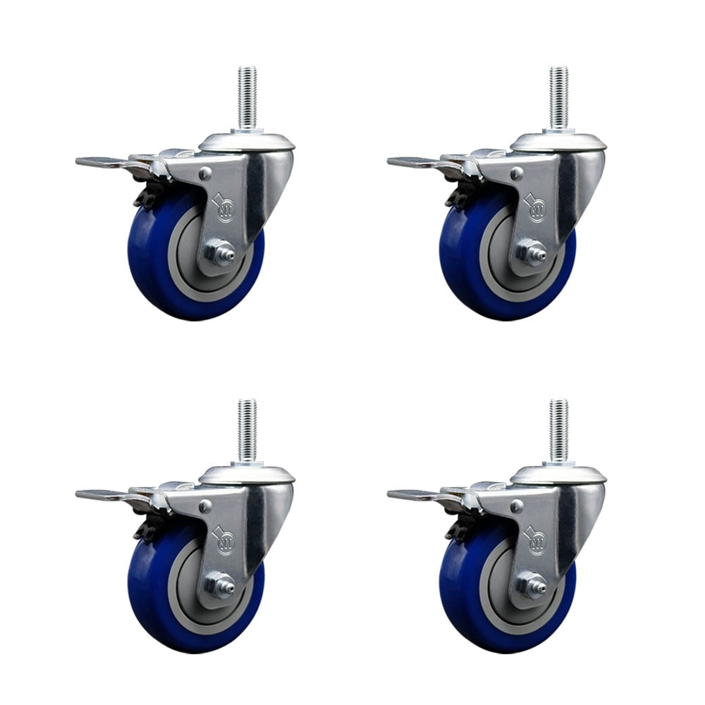 3.5 Inch Blue Poly Swivel 3/4 Inch Threaded Stem Caster Set with Total Lock BRK - Walmart.com