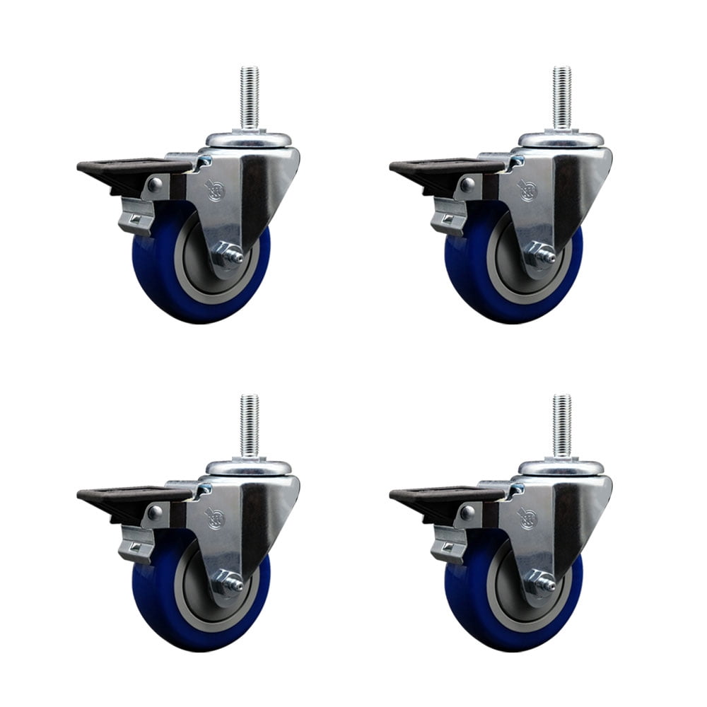 3.5 Inch Blue Poly Wheel Swivel 3/4 Inch Threaded Stem Caster Set with ...