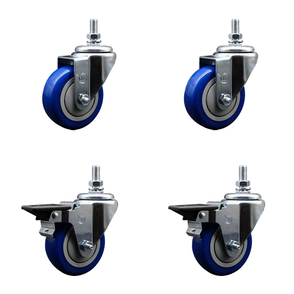 3.5 Inch Blue Polyurethane 10MM Threaded Stem Caster Set 2 Brakes SCC ...