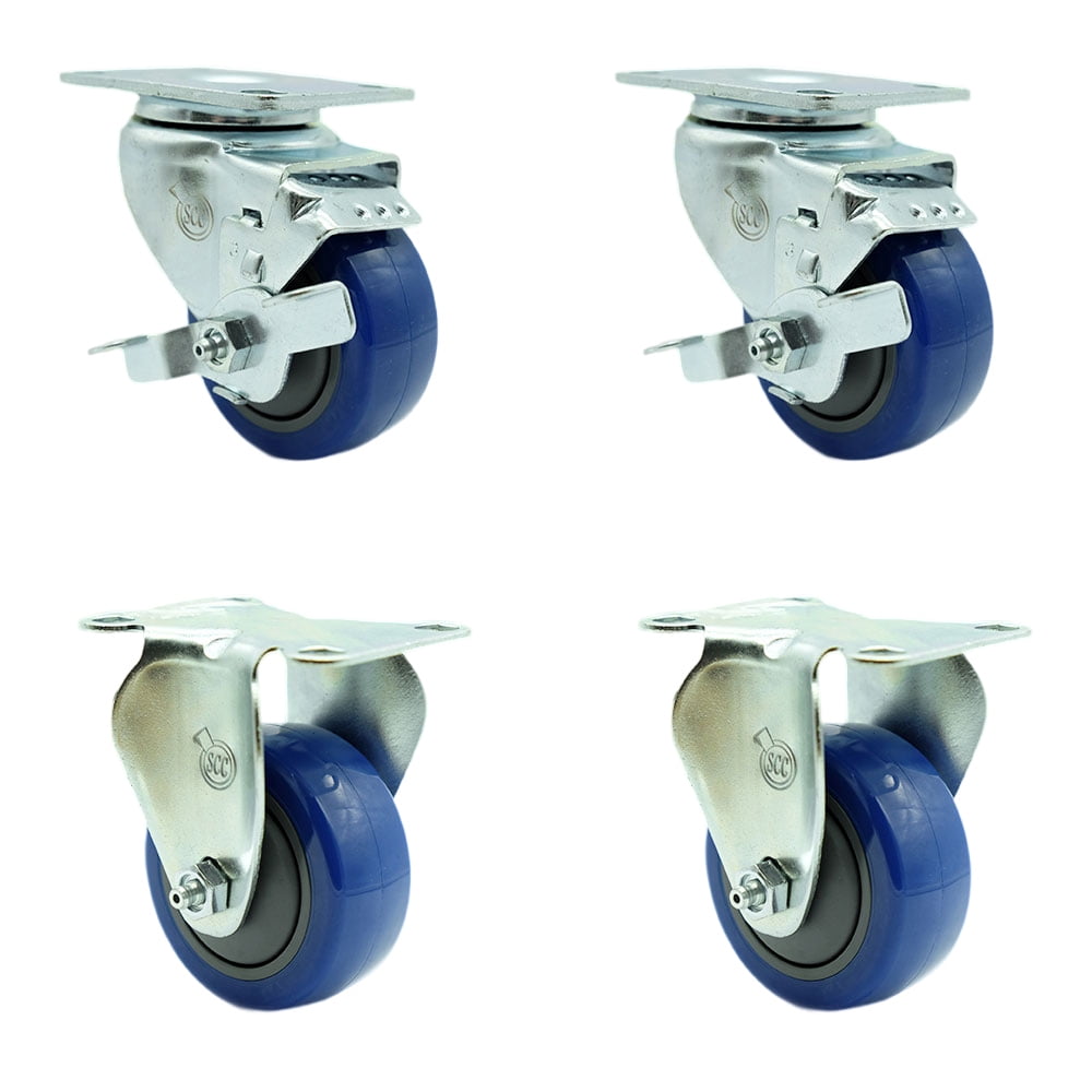 3.5 Inch Blue Polyurethane Swivel Top Plate Caster Set with 2 Brake 2 ...