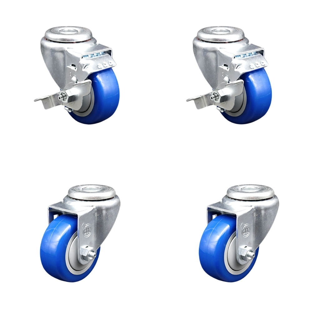 3.5 Inch Blue Polyurethane Wheel Swivel Bolt Hole Caster Set with 2 ...