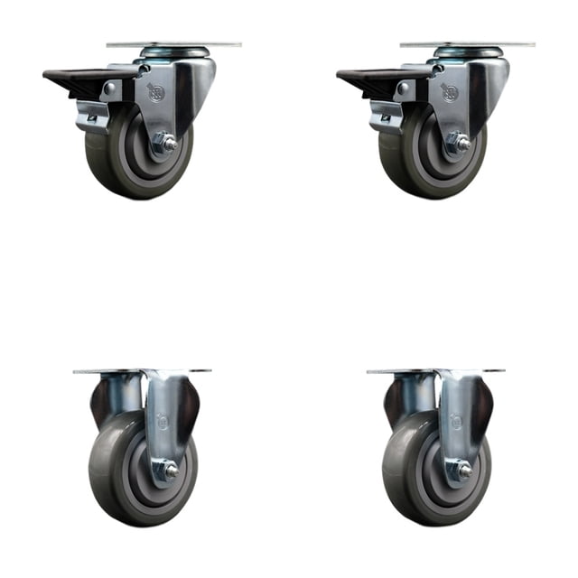 3.5 Inch Gray Poly Wheel Swivel Top Plate Caster Set with 2 Posi Brakes ...