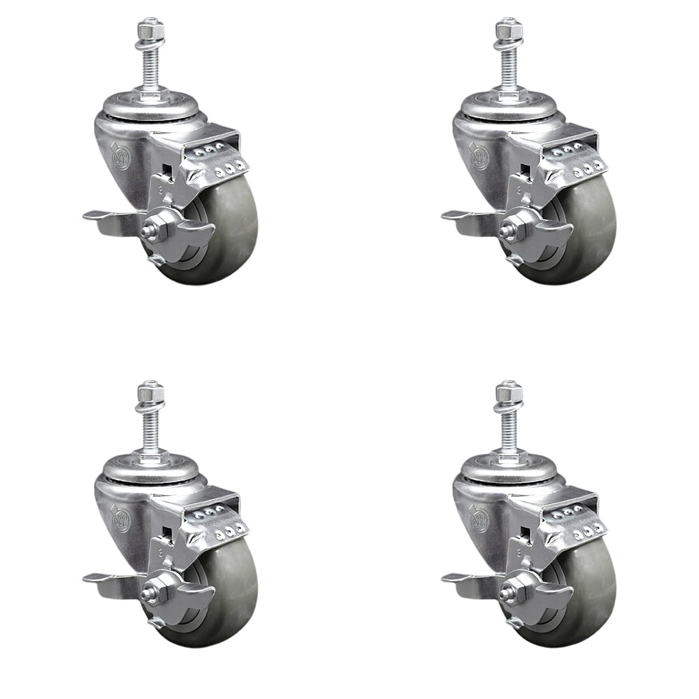 3.5 Inch Gray Polyurethane Swivel 10mm Threaded Stem Caster Set with ...