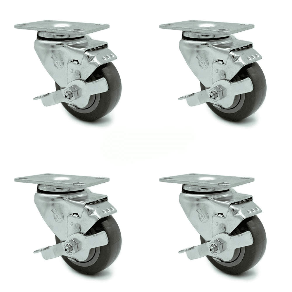 3.5 Inch Gray Polyurethane Wheel Swivel Top Plate Caster Set with Brake ...