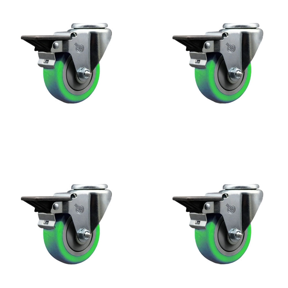 3.5 Inch Green Poly Wheel Swivel Bolt Hole Caster Set with Posi Lock ...