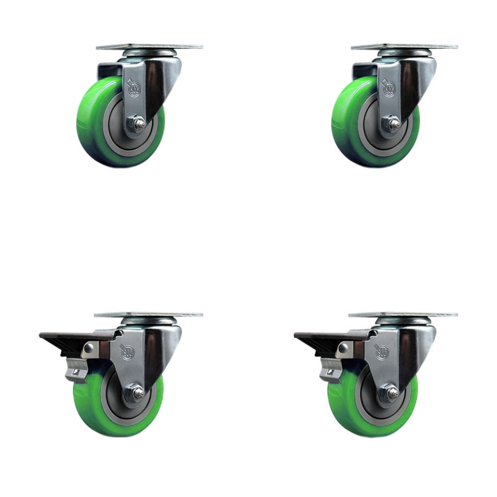 3.5 Inch Green Poly Wheel Swivel Top Plate Caster Set with 2 Posi ...