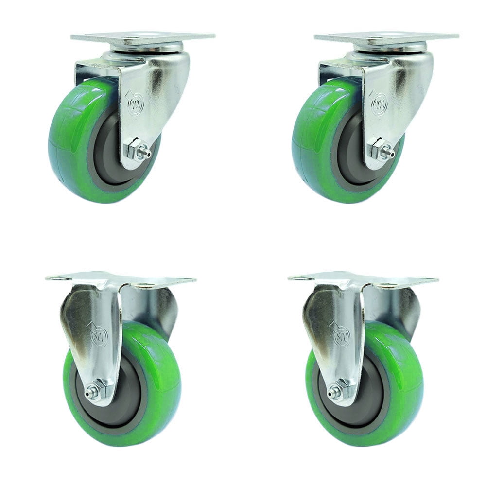 3.5 Inch Green Polyurethane Swivel Top Plate Caster Set with 2 Brake 2 ...